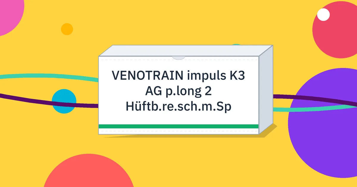 Symbolbild: Packung mit der Aufschrift VENOTRAIN impuls K3 AG p.long 2 Hüftb.re.sch.m.Sp (PZN 10294008) – Verfügbarkeit und Bezug in Apotheken in Frankfurt am Main
