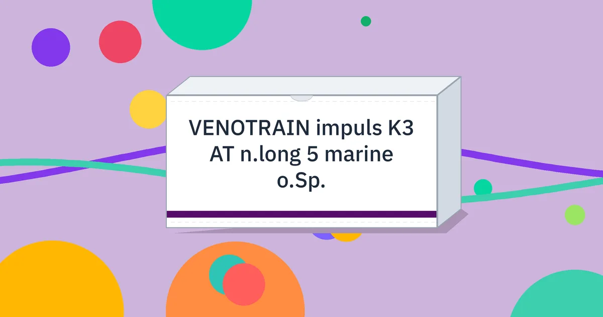 Symbolbild: Packung mit der Aufschrift VENOTRAIN impuls K3 AT n.long 5 marine o.Sp. (PZN 19355912) – Verfügbarkeit und Bezug in Apotheken in Frankfurt am Main