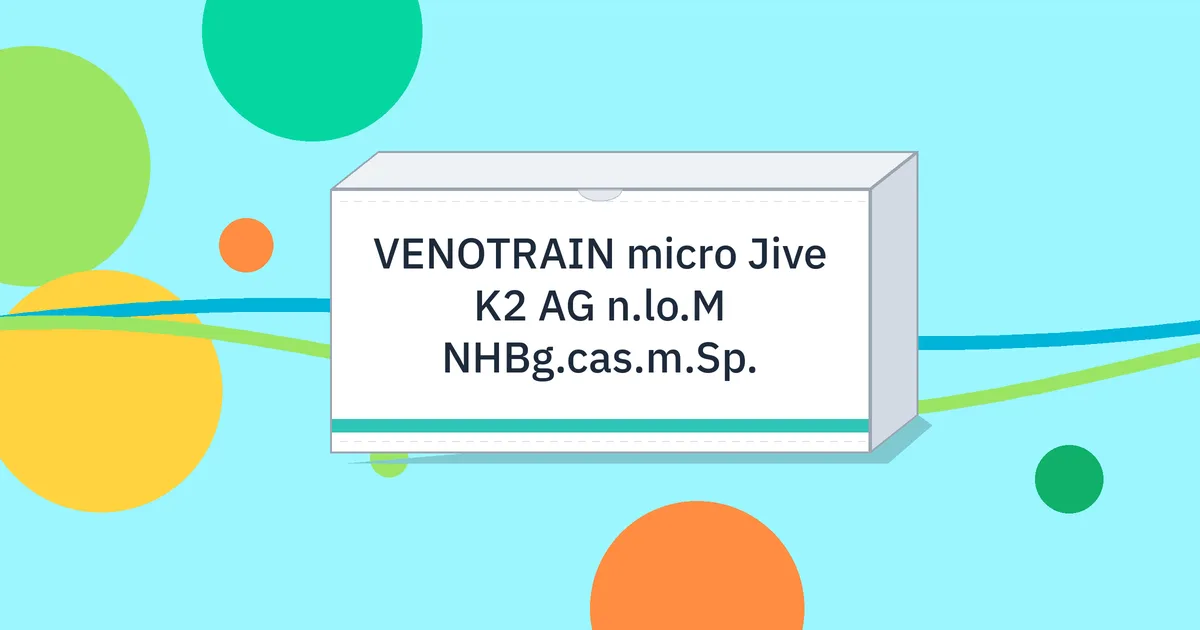 Symbolbild: Packung mit der Aufschrift VENOTRAIN micro Jive K2 AG n.lo.M NHBg.cas.m.Sp. (PZN 20766885) – Verfügbarkeit und Bezug in Apotheken in Frankfurt am Main