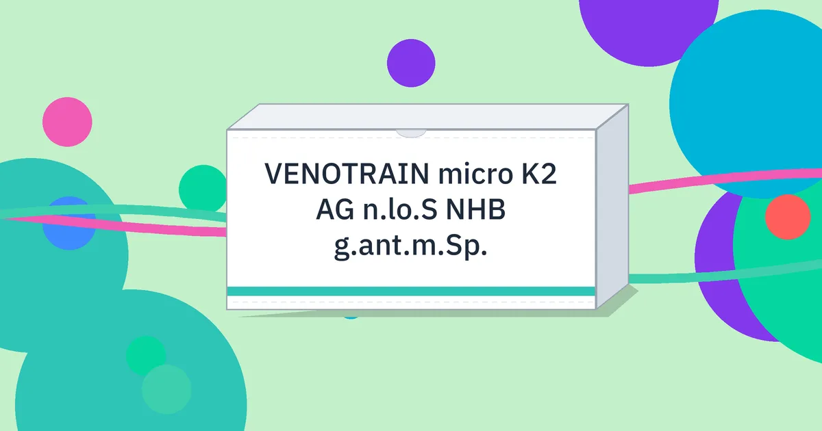 Symbolbild: Packung mit der Aufschrift VENOTRAIN micro K2 AG n.lo.S NHB g.ant.m.Sp. (PZN 11062458) – Verfügbarkeit und Bezug in Apotheken in Frankfurt am Main
