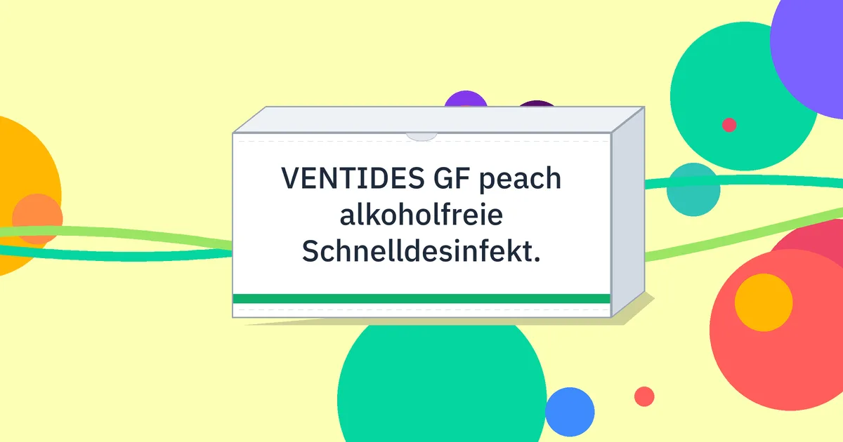 Symbolbild: Packung mit der Aufschrift VENTIDES GF peach alkoholfreie Schnelldesinfekt. (PZN 08759753) – Verfügbarkeit und Bezug in Apotheken in Frankfurt am Main