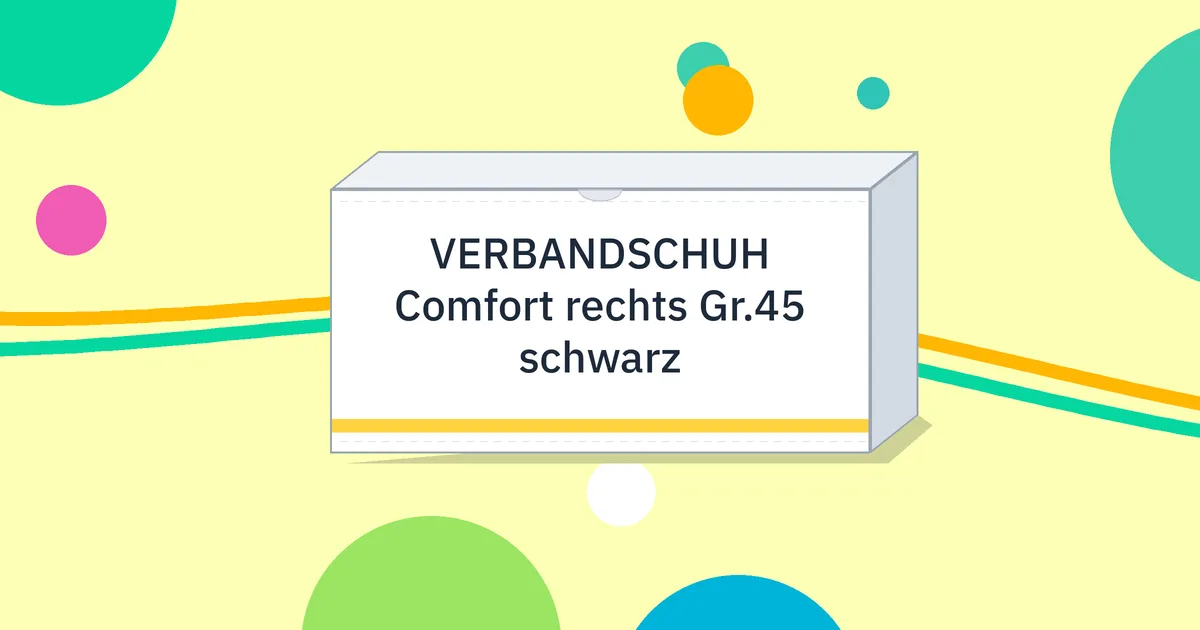 Symbolbild: Packung mit der Aufschrift VERBANDSCHUH Comfort rechts Gr.45 schwarz (PZN 11014910) – Verfügbarkeit und Bezug in Apotheken in Frankfurt am Main