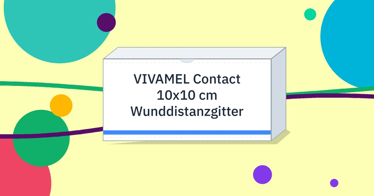 Symbolbild: Packung mit der Aufschrift VIVAMEL Contact 10x10 cm Wunddistanzgitter (PZN 12348151) – Verfügbarkeit und Bezug in Apotheken in Frankfurt am Main