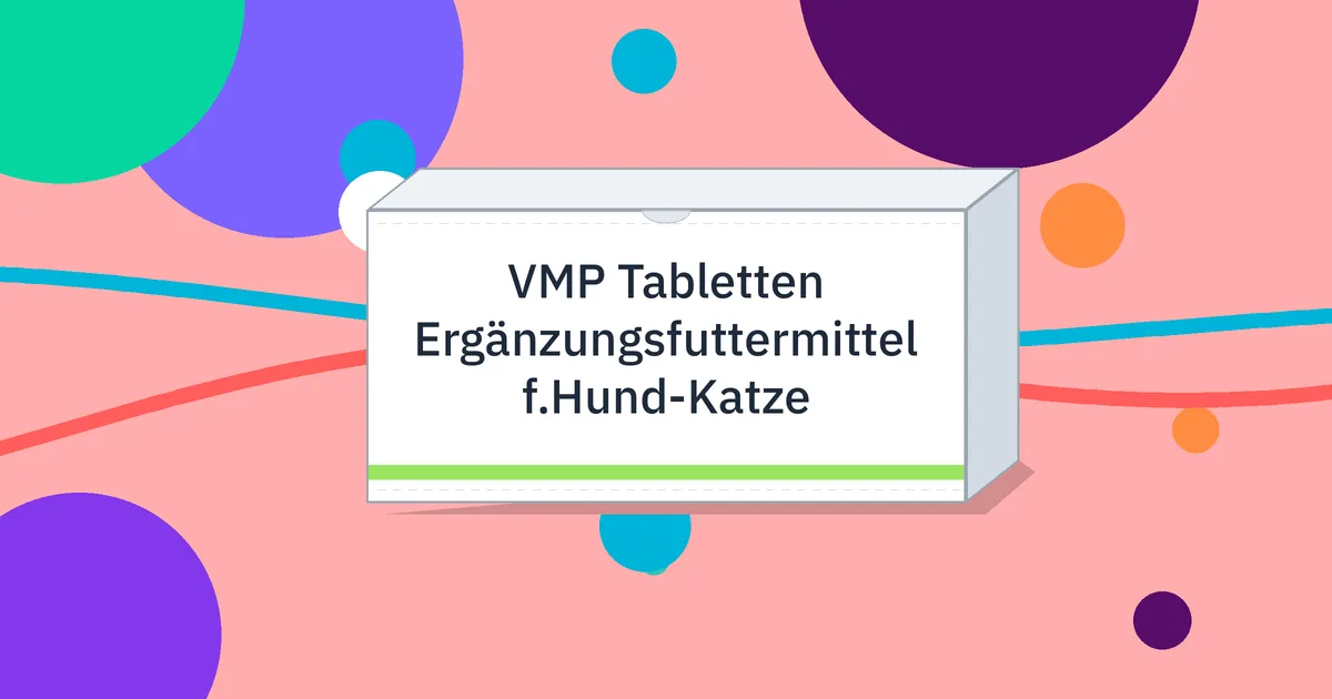 Symbolbild: Packung mit der Aufschrift VMP Tabletten Ergänzungsfuttermittel f.Hund-Katze (PZN 11283604) – Verfügbarkeit und Bezug in Apotheken in Frankfurt am Main