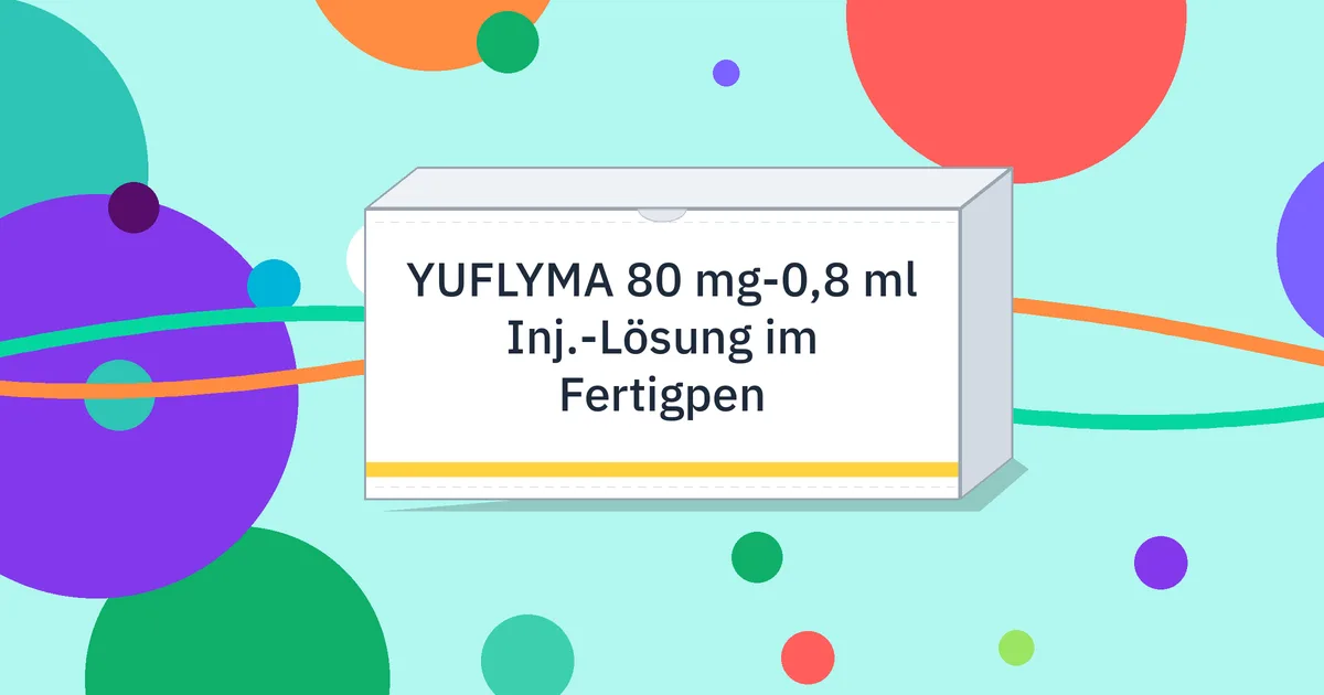 Symbolbild: Packung mit der Aufschrift YUFLYMA 80 mg-0,8 ml Inj.-Lösung im Fertigpen (PZN 20058958) – Verfügbarkeit und Bezug in Apotheken in Frankfurt am Main