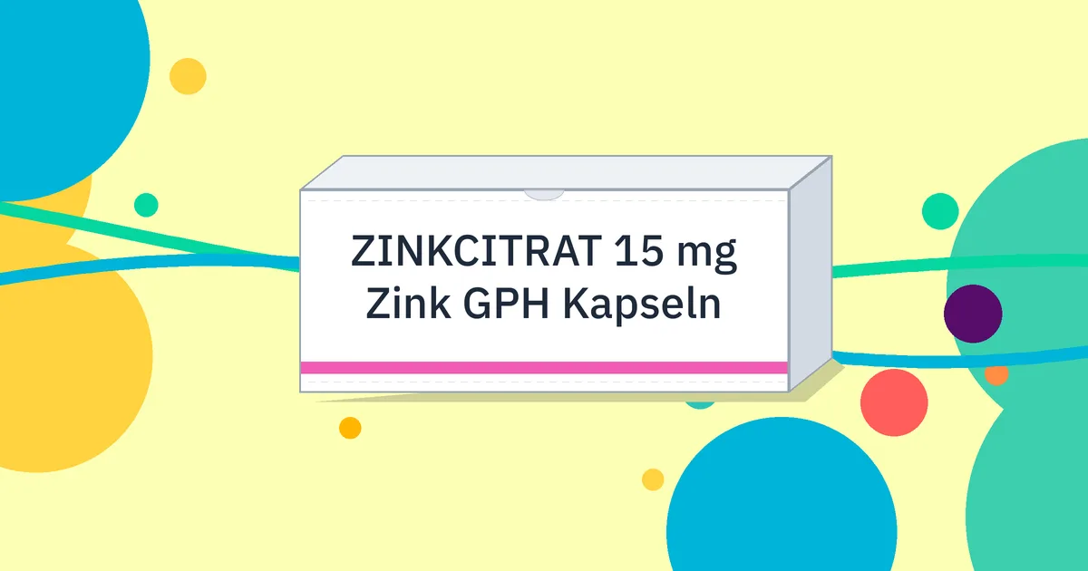 Symbolbild: Packung mit der Aufschrift ZINKCITRAT 15 mg Zink GPH Kapseln (PZN 20283856) – Verfügbarkeit und Bezug in Apotheken in Frankfurt am Main