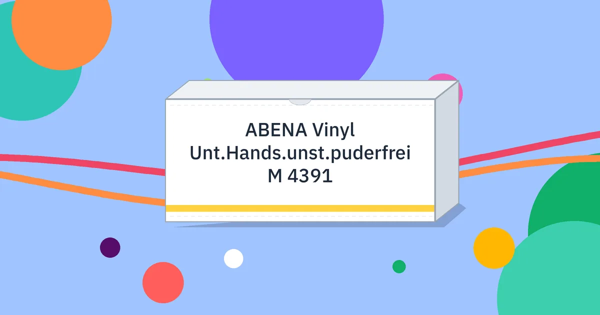 Symbolbild: Packung mit der Aufschrift ABENA Vinyl Unt.Hands.unst.puderfrei M 4391 (PZN 13707534) – Verfügbarkeit und Bezug in Apotheken in Frankfurt am Main