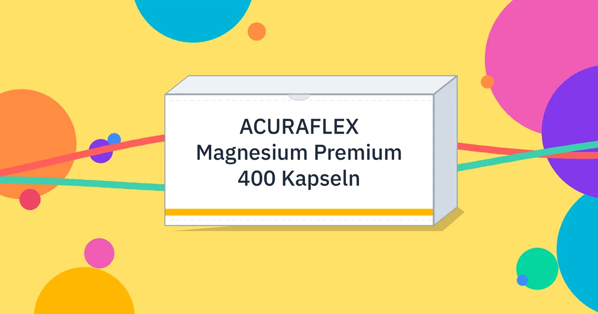 Symbolbild: Packung mit der Aufschrift ACURAFLEX Magnesium Premium 400 Kapseln (PZN 19776660) – Verfügbarkeit und Bezug in Apotheken in Frankfurt am Main