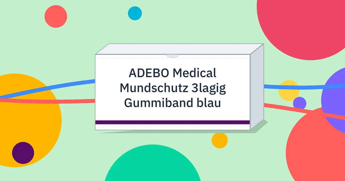 Symbolbild: Packung mit der Aufschrift ADEBO Medical Mundschutz 3lagig Gummiband blau (PZN 12893523) – Verfügbarkeit und Bezug in Apotheken in Frankfurt am Main