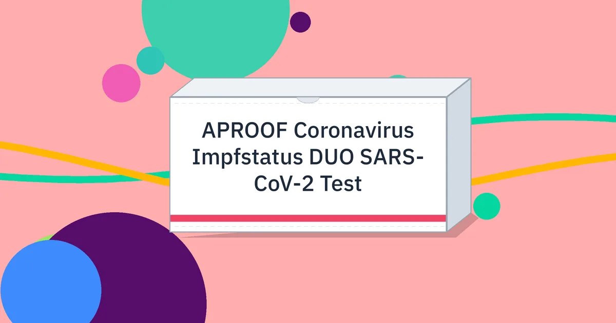 Symbolbild: Packung mit der Aufschrift APROOF Coronavirus Impfstatus DUO SARS-CoV-2 Test (PZN 17367934) – Verfügbarkeit und Bezug in Apotheken in Frankfurt am Main