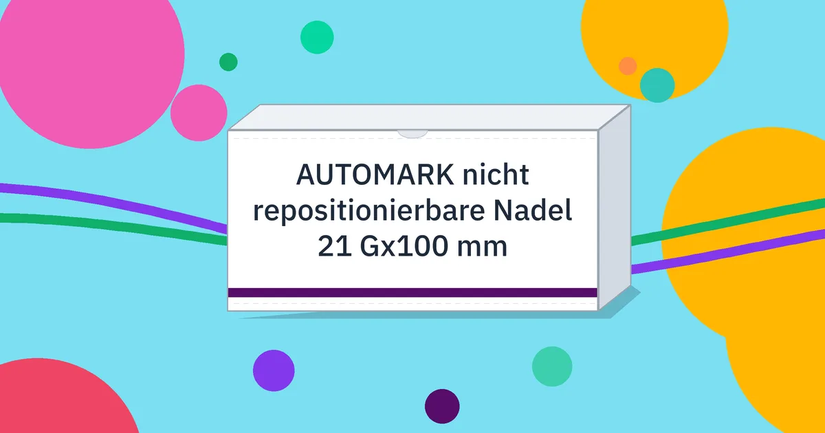 Symbolbild: Packung mit der Aufschrift AUTOMARK nicht repositionierbare Nadel 21 Gx100 mm (PZN 19736821) – Verfügbarkeit und Bezug in Apotheken in Frankfurt am Main