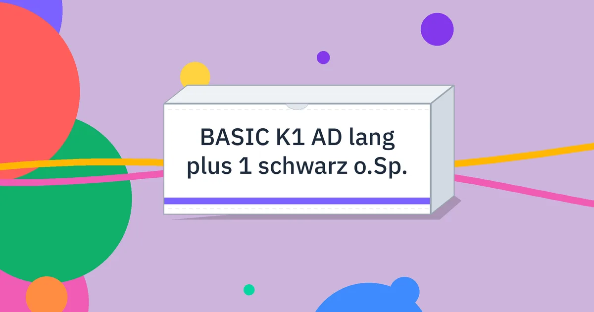 Symbolbild: Packung mit der Aufschrift BASIC K1 AD lang plus 1 schwarz o.Sp. (PZN 20256888) – Verfügbarkeit und Bezug in Apotheken in Frankfurt am Main