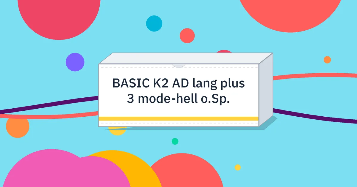 Symbolbild: Packung mit der Aufschrift BASIC K2 AD lang plus 3 mode-hell o.Sp. (PZN 20264480) – Verfügbarkeit und Bezug in Apotheken in Frankfurt am Main