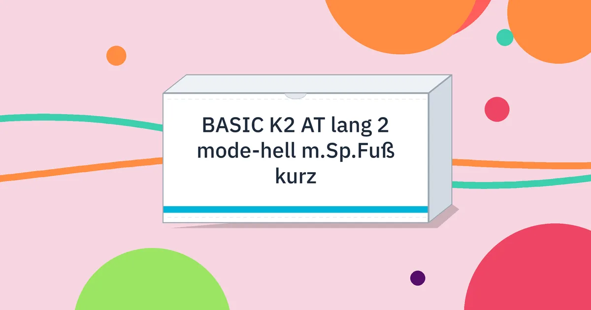 Symbolbild: Packung mit der Aufschrift BASIC K2 AT lang 2 mode-hell m.Sp.Fuß kurz (PZN 20268940) – Verfügbarkeit und Bezug in Apotheken in Frankfurt am Main
