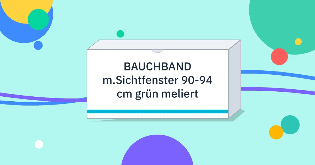 Symbolbild: Packung mit der Aufschrift BAUCHBAND m.Sichtfenster 90-94 cm grün meliert (PZN 13917384) – Verfügbarkeit und Bezug in Apotheken in Frankfurt am Main