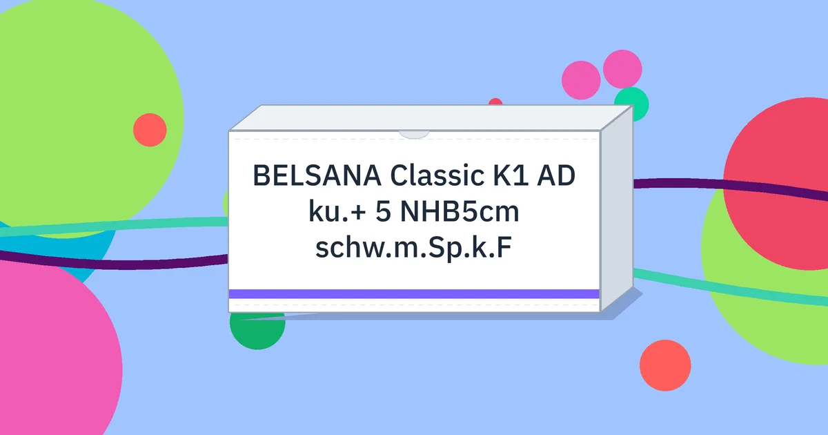 Symbolbild: Packung mit der Aufschrift BELSANA Classic K1 AD ku.+ 5 NHB5cm schw.m.Sp.k.F (PZN 19256529) – Verfügbarkeit und Bezug in Apotheken in Frankfurt am Main