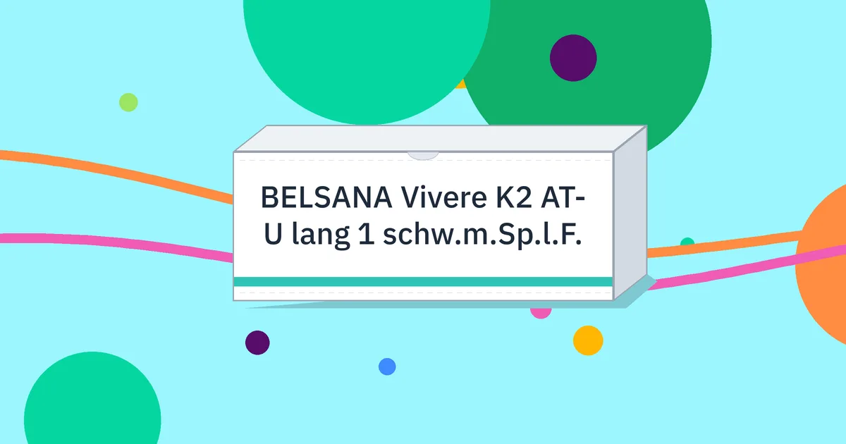 Symbolbild: Packung mit der Aufschrift BELSANA Vivere K2 AT-U lang 1 schw.m.Sp.l.F. (PZN 08535077) – Verfügbarkeit und Bezug in Apotheken in Frankfurt am Main