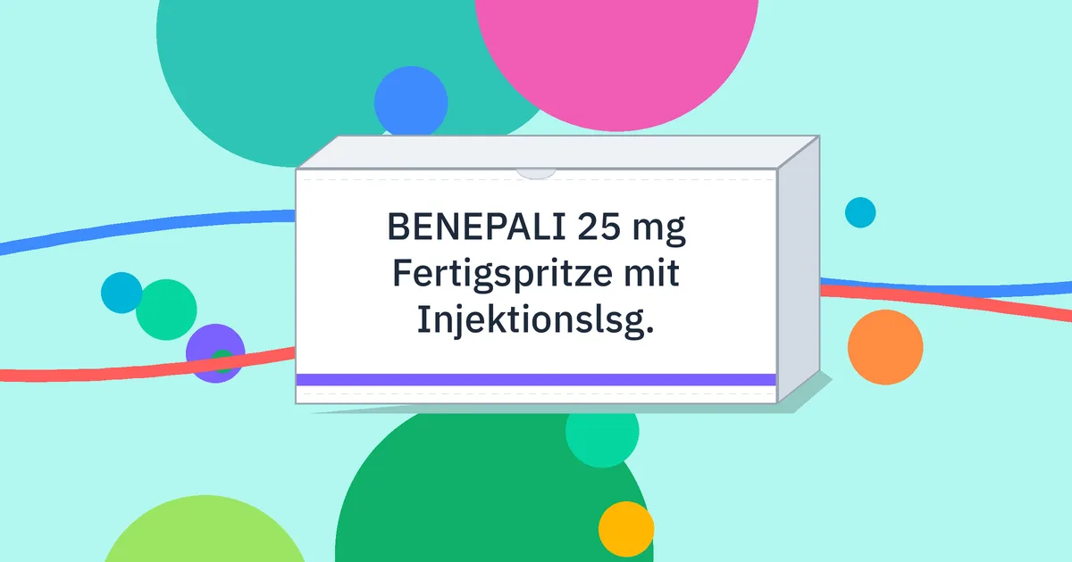 Symbolbild: Packung mit der Aufschrift BENEPALI 25 mg Fertigspritze mit Injektionslsg. (PZN 14327561) – Verfügbarkeit und Bezug in Apotheken in Frankfurt am Main