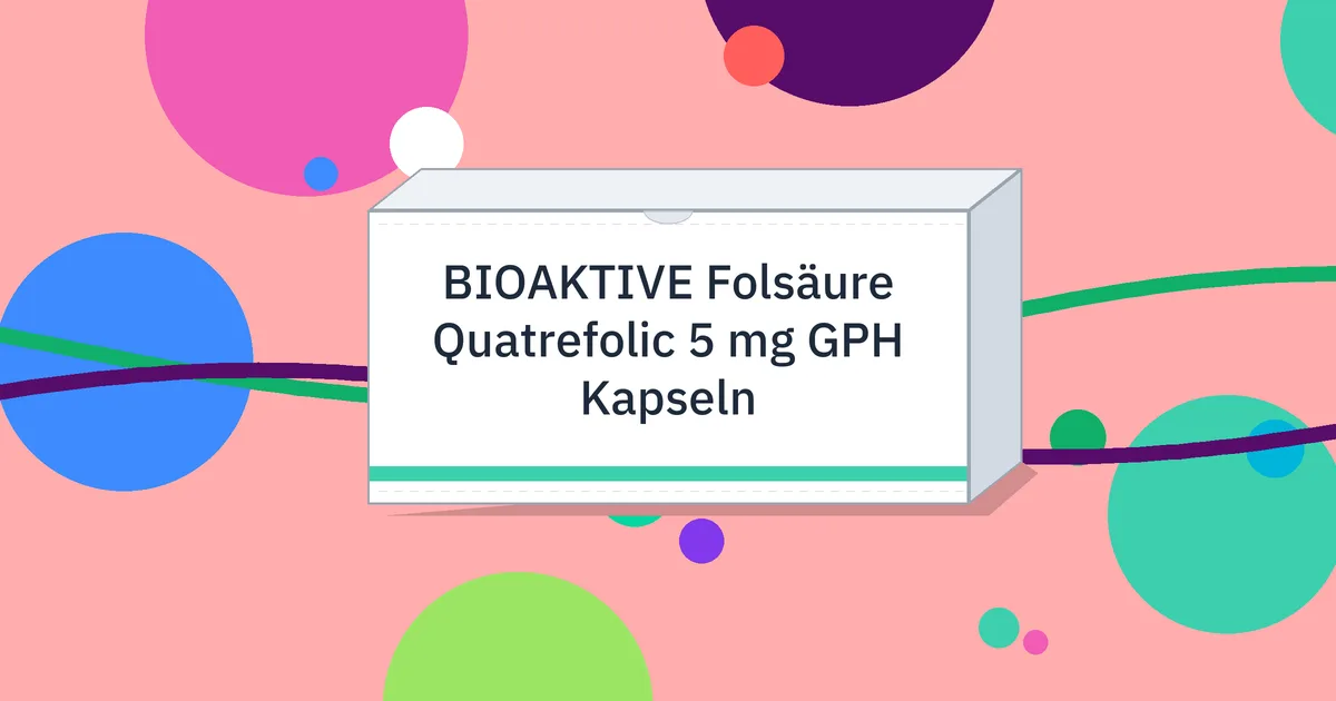 Symbolbild: Packung mit der Aufschrift BIOAKTIVE Folsäure Quatrefolic 5 mg GPH Kapseln (PZN 18310623) – Verfügbarkeit und Bezug in Apotheken in Frankfurt am Main