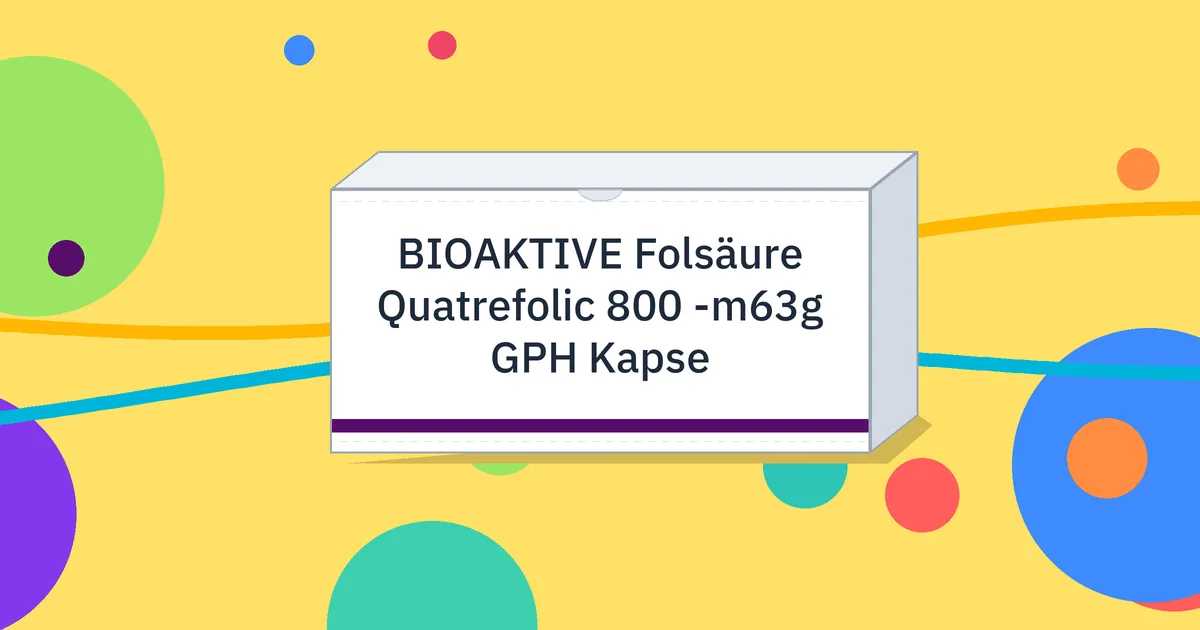 Symbolbild: Packung mit der Aufschrift BIOAKTIVE Folsäure Quatrefolic 800 -m63g GPH Kapse (PZN 18310416) – Verfügbarkeit und Bezug in Apotheken in Frankfurt am Main
