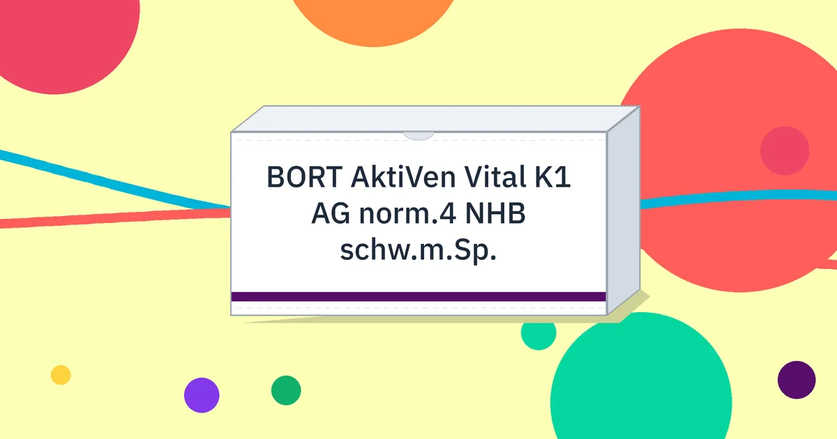 Symbolbild: Packung mit der Aufschrift BORT AktiVen Vital K1 AG norm.4 NHB schw.m.Sp. (PZN 13735878) – Verfügbarkeit und Bezug in Apotheken in Frankfurt am Main