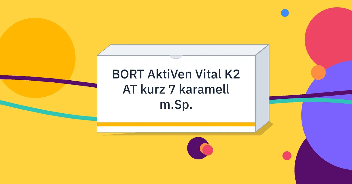 Symbolbild: Packung mit der Aufschrift BORT AktiVen Vital K2 AT kurz 7 karamell m.Sp. (PZN 13737908) – Verfügbarkeit und Bezug in Apotheken in Frankfurt am Main