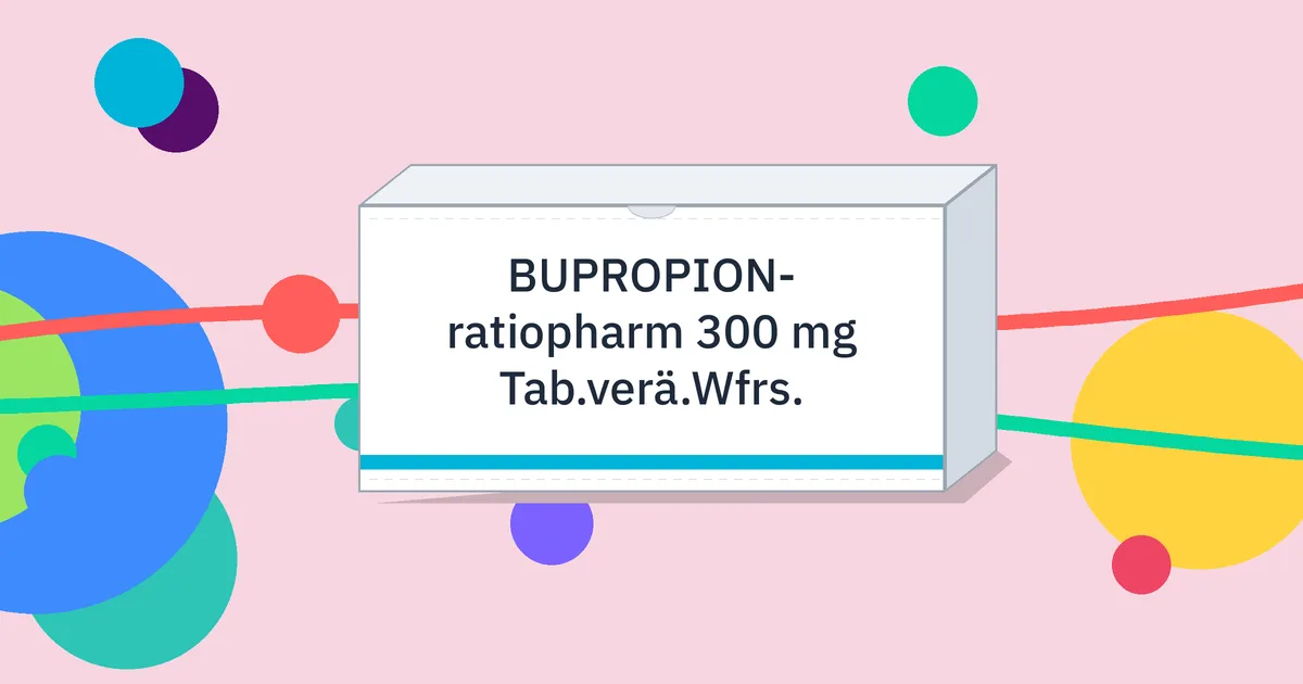 Symbolbild: Packung mit der Aufschrift BUPROPION-ratiopharm 300 mg Tab.verä.Wfrs. (PZN 14308782) – Verfügbarkeit und Bezug in Apotheken in Frankfurt am Main