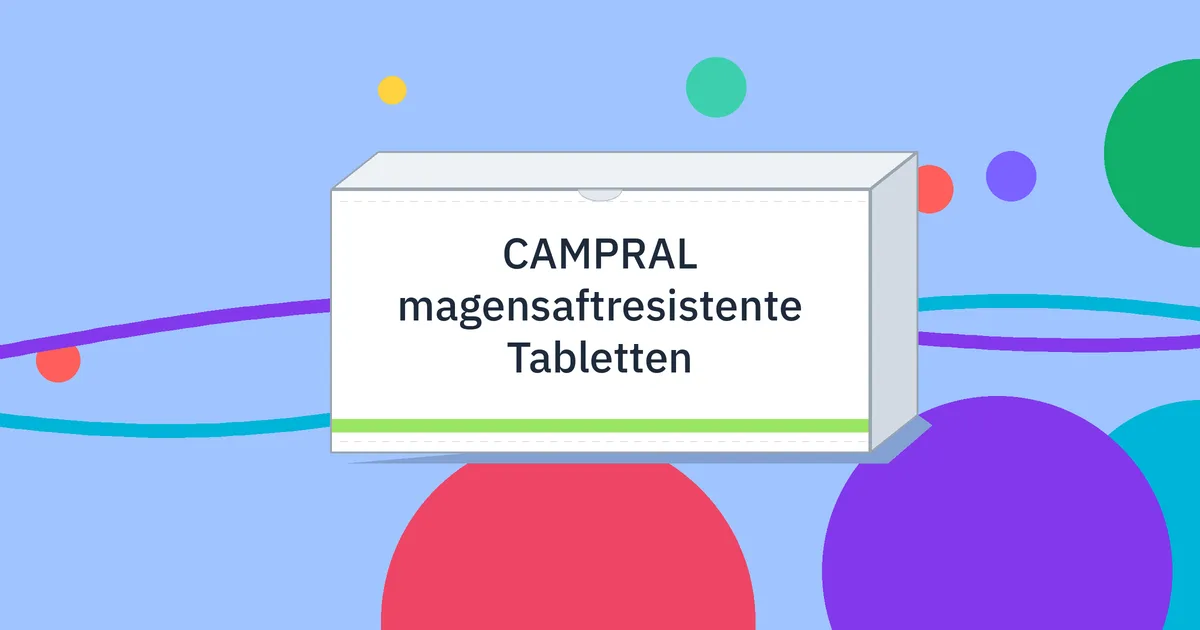 Symbolbild: Packung mit der Aufschrift CAMPRAL magensaftresistente Tabletten (PZN 14218547) – Verfügbarkeit und Bezug in Apotheken in Frankfurt am Main
