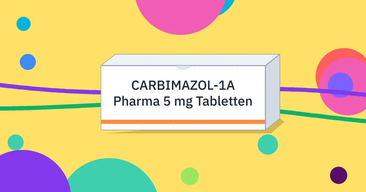Symbolbild: Packung mit der Aufschrift CARBIMAZOL-1A Pharma 5 mg Tabletten (PZN 14038319) – Verfügbarkeit und Bezug in Apotheken in Frankfurt am Main