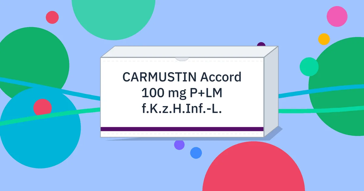 Symbolbild: Packung mit der Aufschrift CARMUSTIN Accord 100 mg P+LM f.K.z.H.Inf.-L. (PZN 17585358) – Verfügbarkeit und Bezug in Apotheken in Frankfurt am Main
