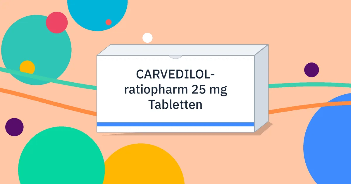 Symbolbild: Packung mit der Aufschrift CARVEDILOL-ratiopharm 25 mg Tabletten (PZN 10715993) – Verfügbarkeit und Bezug in Apotheken in Frankfurt am Main