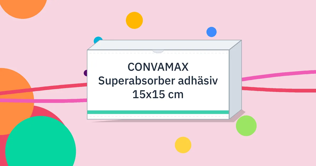 Symbolbild: Packung mit der Aufschrift CONVAMAX Superabsorber adhäsiv 15x15 cm (PZN 18760421) – Verfügbarkeit und Bezug in Apotheken in Frankfurt am Main