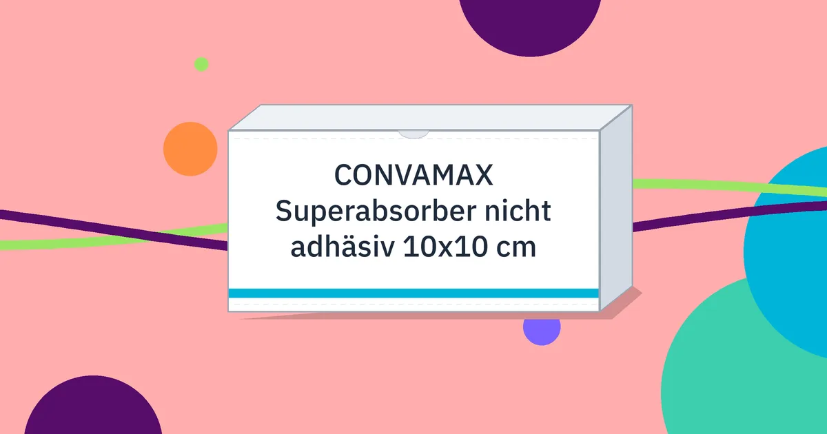 Symbolbild: Packung mit der Aufschrift CONVAMAX Superabsorber nicht adhäsiv 10x10 cm (PZN 20828445) – Verfügbarkeit und Bezug in Apotheken in Frankfurt am Main
