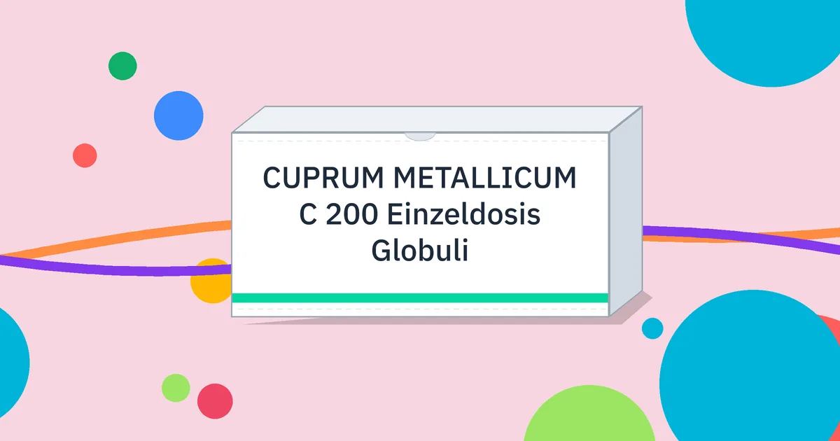 Symbolbild: Packung mit der Aufschrift CUPRUM METALLICUM C 200 Einzeldosis Globuli (PZN 01543642) – Verfügbarkeit und Bezug in Apotheken in Frankfurt am Main