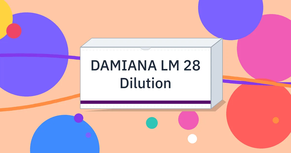 Symbolbild: Packung mit der Aufschrift DAMIANA LM 28 Dilution (PZN 13461197) – Verfügbarkeit und Bezug in Apotheken in Frankfurt am Main