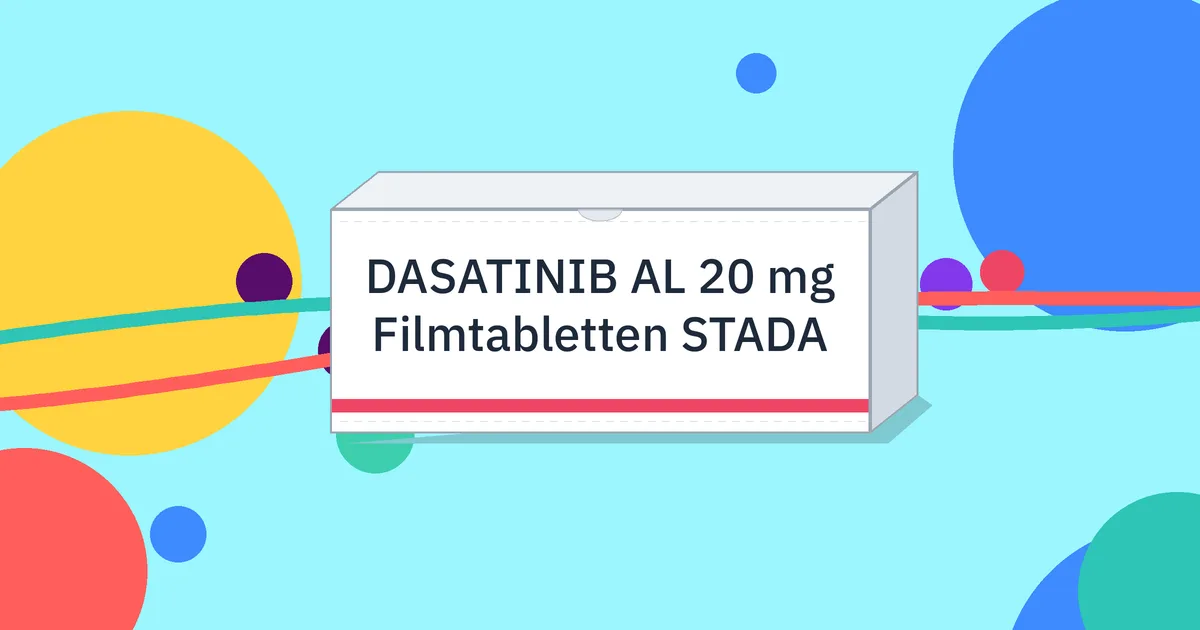 Symbolbild: Packung mit der Aufschrift DASATINIB AL 20 mg Filmtabletten STADA (PZN 14441044) – Verfügbarkeit und Bezug in Apotheken in Frankfurt am Main