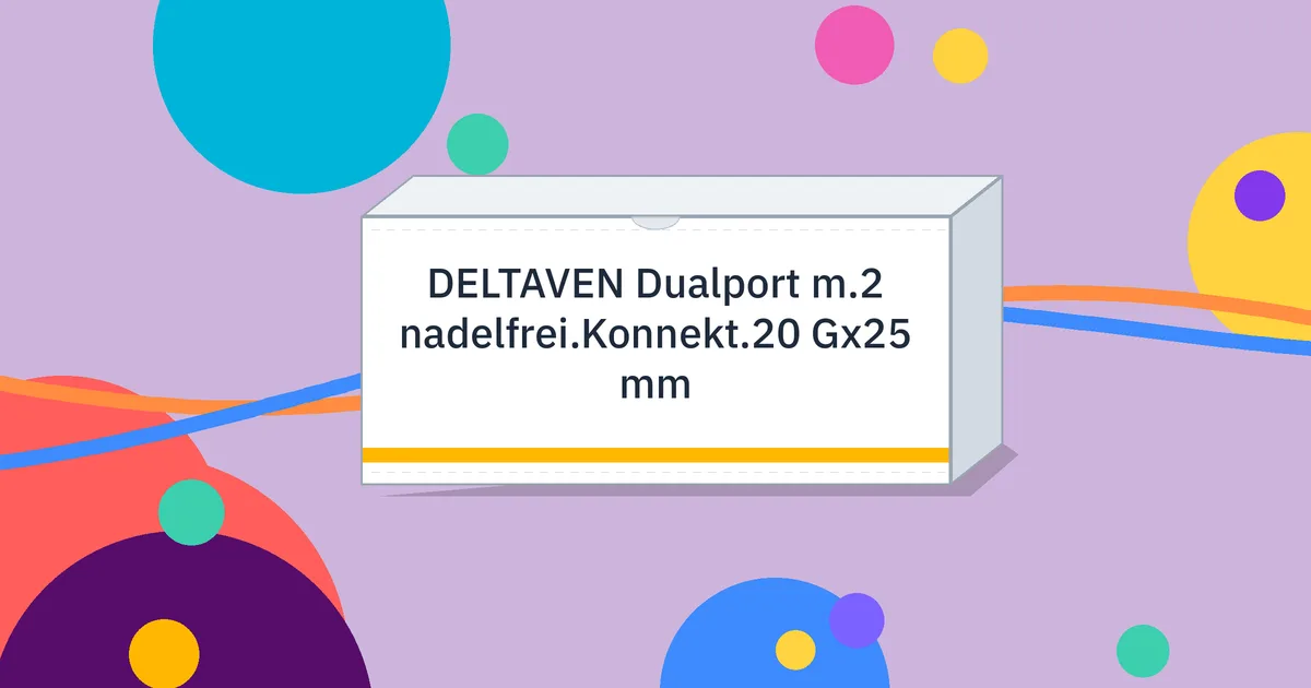 Symbolbild: Packung mit der Aufschrift DELTAVEN Dualport m.2 nadelfrei.Konnekt.20 Gx25 mm (PZN 20365407) – Verfügbarkeit und Bezug in Apotheken in Frankfurt am Main