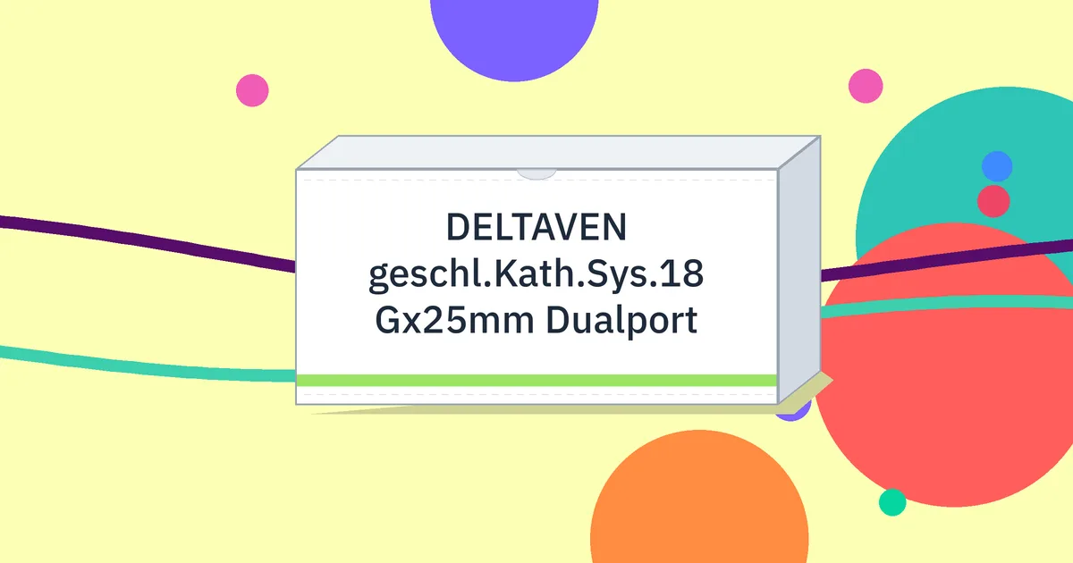 Symbolbild: Packung mit der Aufschrift DELTAVEN geschl.Kath.Sys.18 Gx25mm Dualport (PZN 13977624) – Verfügbarkeit und Bezug in Apotheken in Frankfurt am Main