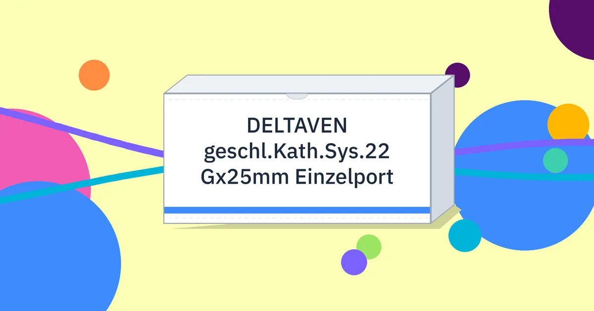 Symbolbild: Packung mit der Aufschrift DELTAVEN geschl.Kath.Sys.22 Gx25mm Einzelport (PZN 13976926) – Verfügbarkeit und Bezug in Apotheken in Frankfurt am Main
