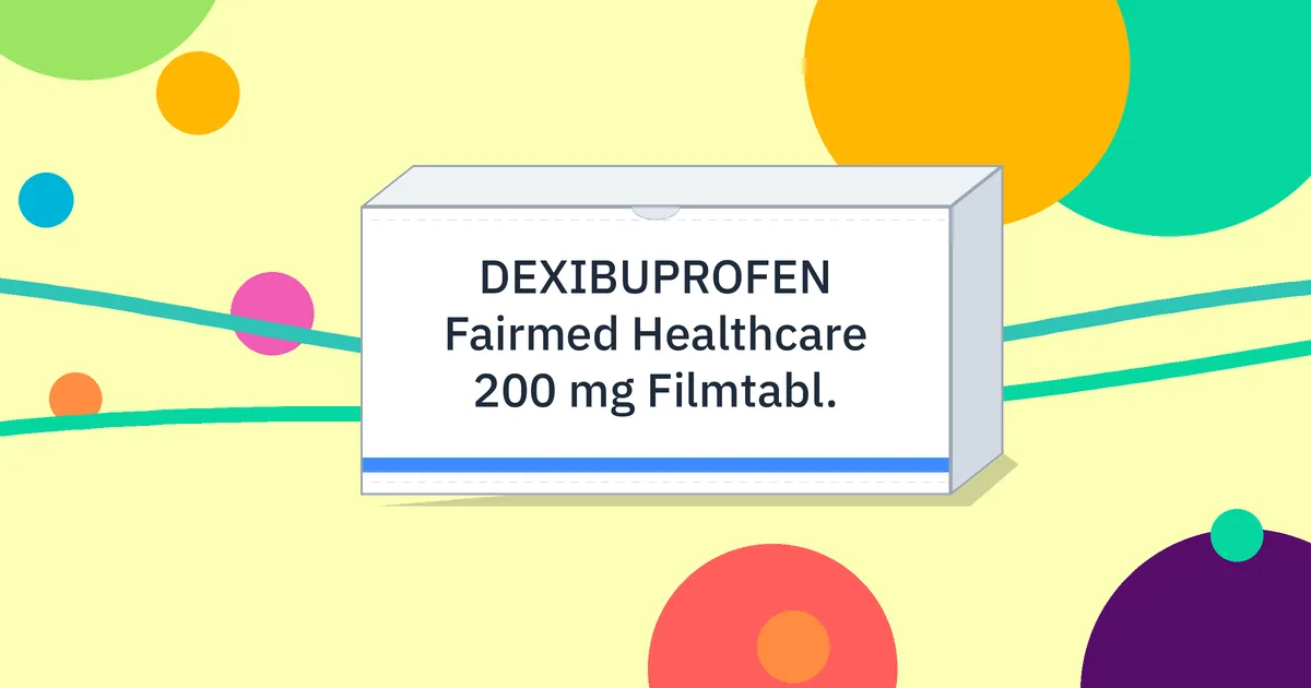 Symbolbild: Packung mit der Aufschrift DEXIBUPROFEN Fairmed Healthcare 200 mg Filmtabl. (PZN 18749454) – Verfügbarkeit und Bezug in Apotheken in Frankfurt am Main