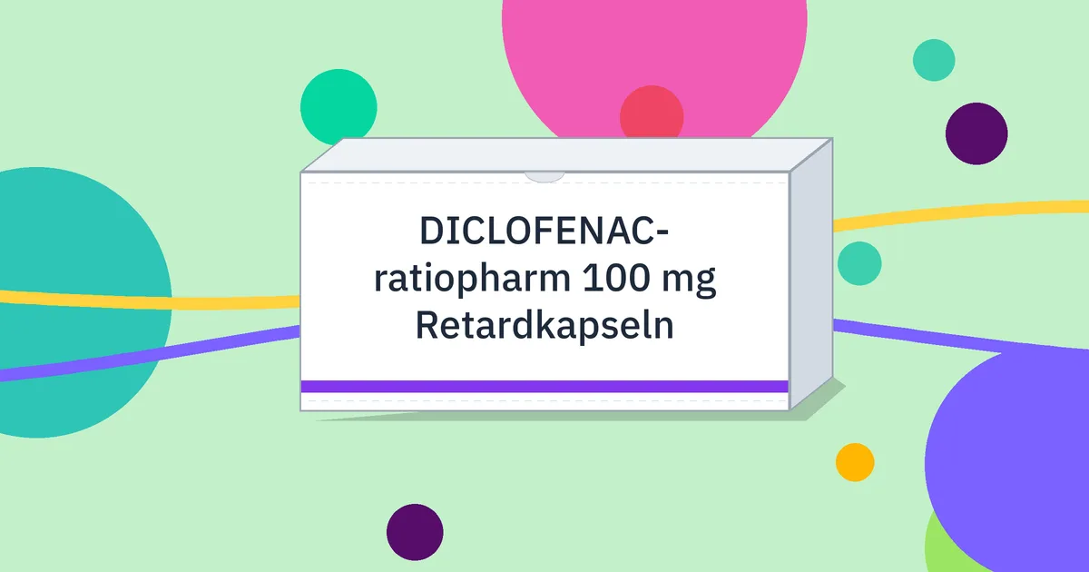 Symbolbild: Packung mit der Aufschrift DICLOFENAC-ratiopharm 100 mg Retardkapseln (PZN 00107057) – Verfügbarkeit und Bezug in Apotheken in Frankfurt am Main