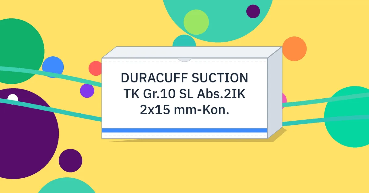 Symbolbild: Packung mit der Aufschrift DURACUFF SUCTION TK Gr.10 SL Abs.2IK 2x15 mm-Kon. (PZN 04959395) – Verfügbarkeit und Bezug in Apotheken in Frankfurt am Main