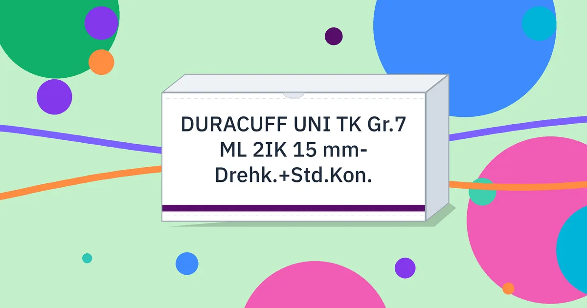 Symbolbild: Packung mit der Aufschrift DURACUFF UNI TK Gr.7 ML 2IK 15 mm-Drehk.+Std.Kon. (PZN 04961015) – Verfügbarkeit und Bezug in Apotheken in Frankfurt am Main
