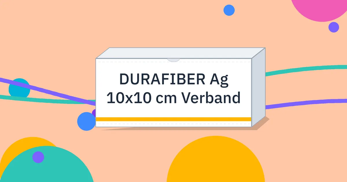 Symbolbild: Packung mit der Aufschrift DURAFIBER Ag 10x10 cm Verband (PZN 16348811) – Verfügbarkeit und Bezug in Apotheken in Frankfurt am Main