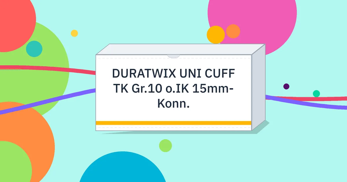 Symbolbild: Packung mit der Aufschrift DURATWIX UNI CUFF TK Gr.10 o.IK 15mm-Konn. (PZN 06963610) – Verfügbarkeit und Bezug in Apotheken in Frankfurt am Main