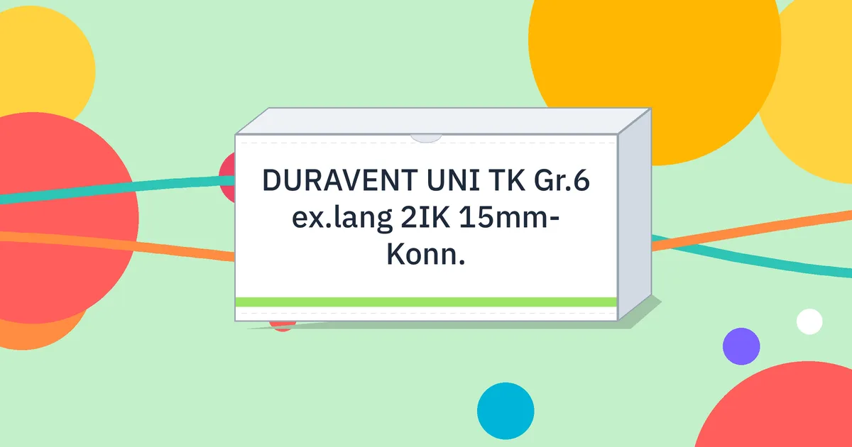 Symbolbild: Packung mit der Aufschrift DURAVENT UNI TK Gr.6 ex.lang 2IK 15mm-Konn. (PZN 04464162) – Verfügbarkeit und Bezug in Apotheken in Frankfurt am Main