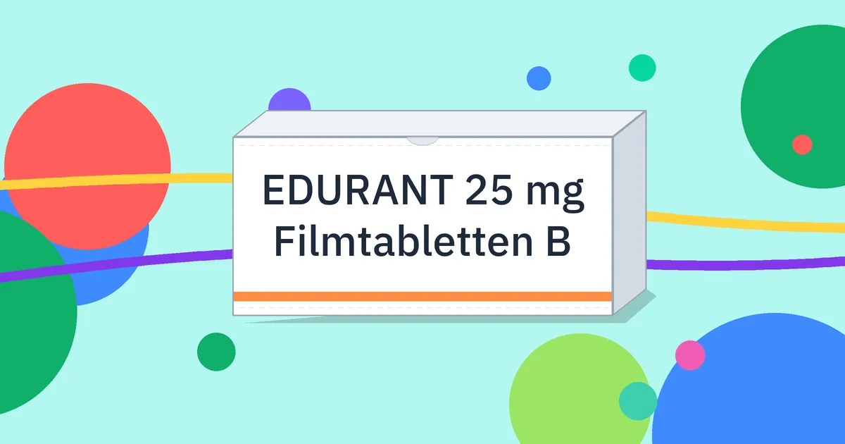 Symbolbild: Packung mit der Aufschrift EDURANT 25 mg Filmtabletten B (PZN 11554032) – Verfügbarkeit und Bezug in Apotheken in Frankfurt am Main