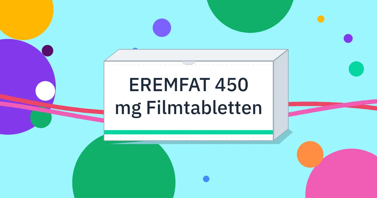 Symbolbild: Packung mit der Aufschrift EREMFAT 450 mg Filmtabletten (PZN 18803188) – Verfügbarkeit und Bezug in Apotheken in Frankfurt am Main