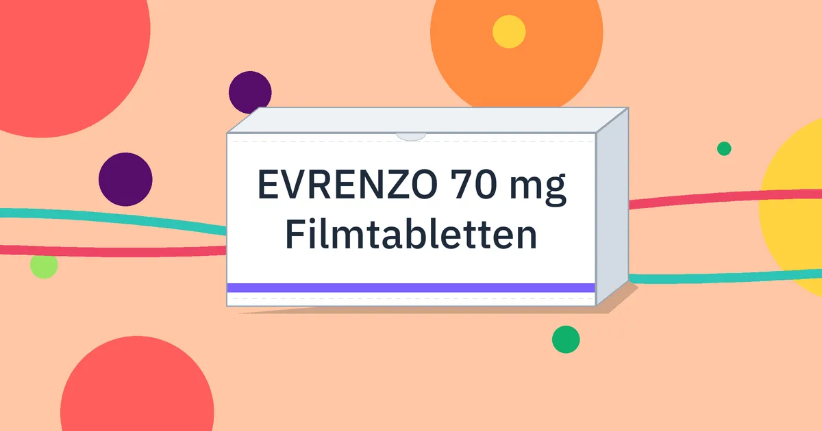 Symbolbild: Packung mit der Aufschrift EVRENZO 70 mg Filmtabletten (PZN 19076483) – Verfügbarkeit und Bezug in Apotheken in Frankfurt am Main