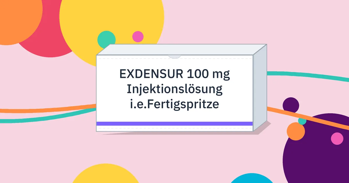 Symbolbild: Packung mit der Aufschrift EXDENSUR 100 mg Injektionslösung i.e.Fertigspritze (PZN 20113657) – Verfügbarkeit und Bezug in Apotheken in Frankfurt am Main